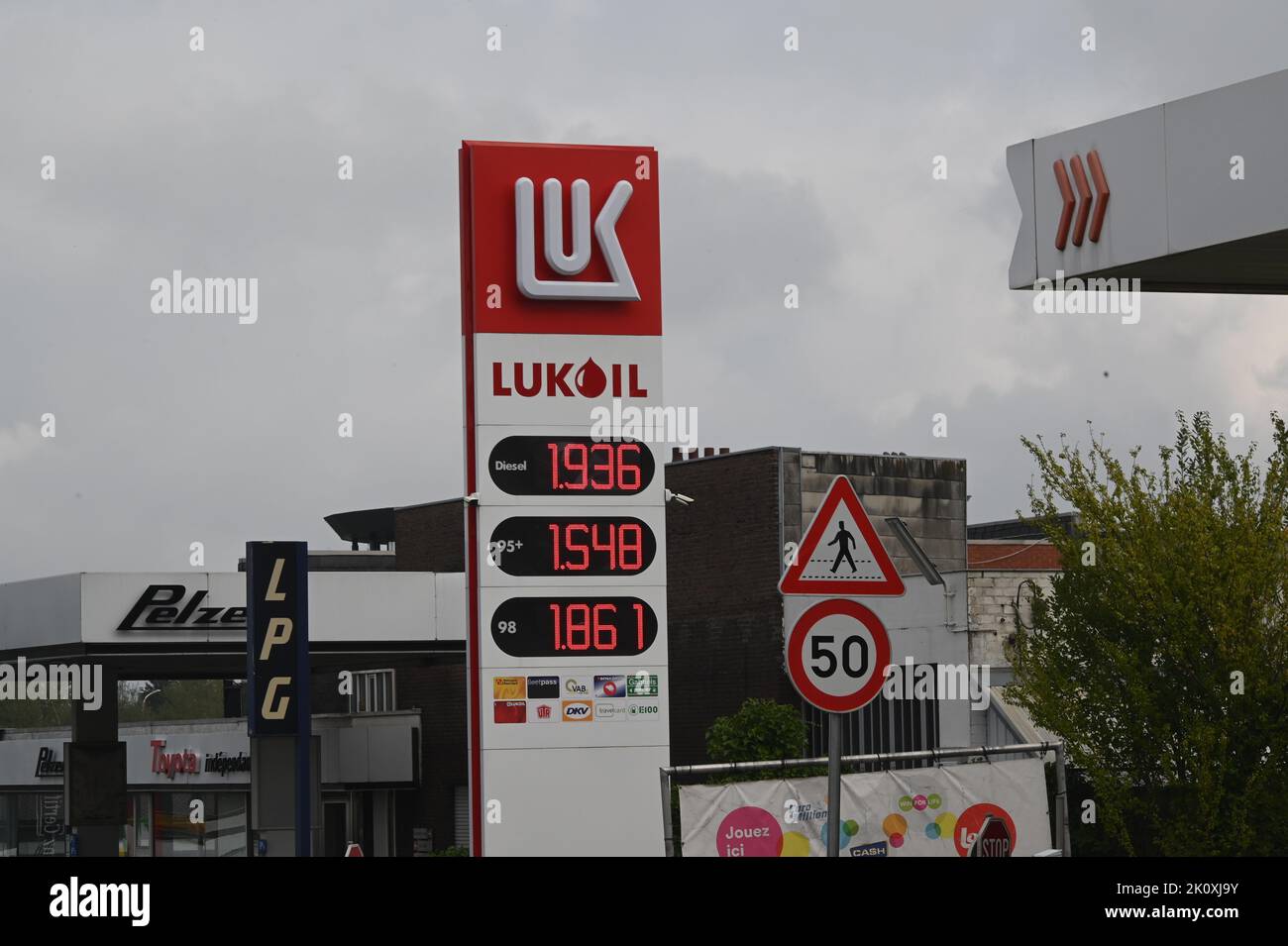 Eupen, Belgium. 10th Sep, 2022. Logo, lettering of LUKOIL, a Russian ...