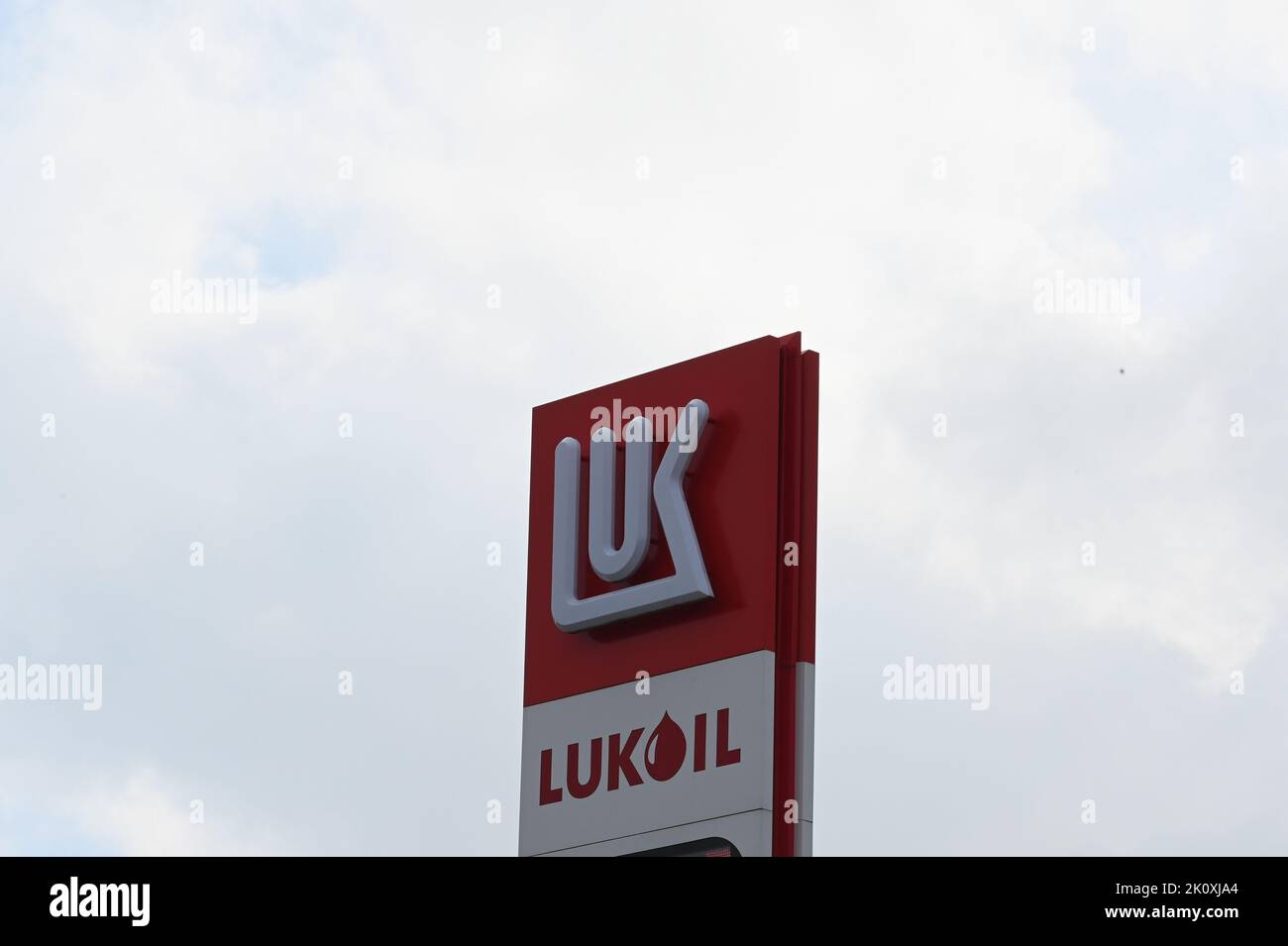 Eupen, Belgium. 10th Sep, 2022. Logo, lettering of LUKOIL, a Russian petroleum company at a gas ...