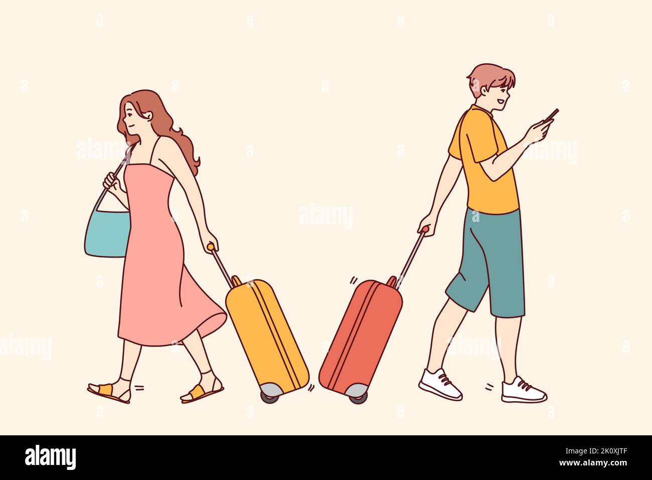 People with suitcases ready to travel in airport. Smiling tourist with ...