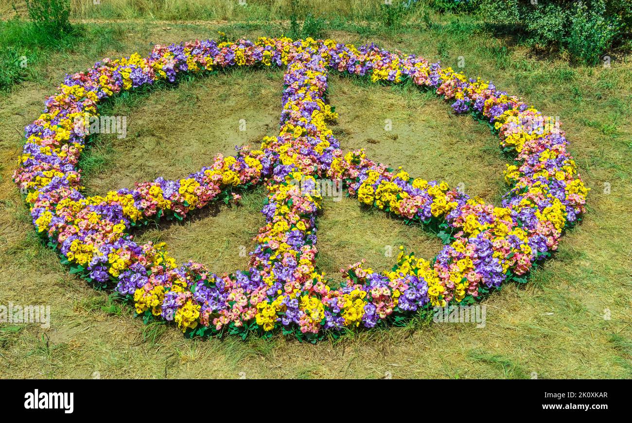Pacifist sign made of colorful flowers in garden Stock Photo - Alamy