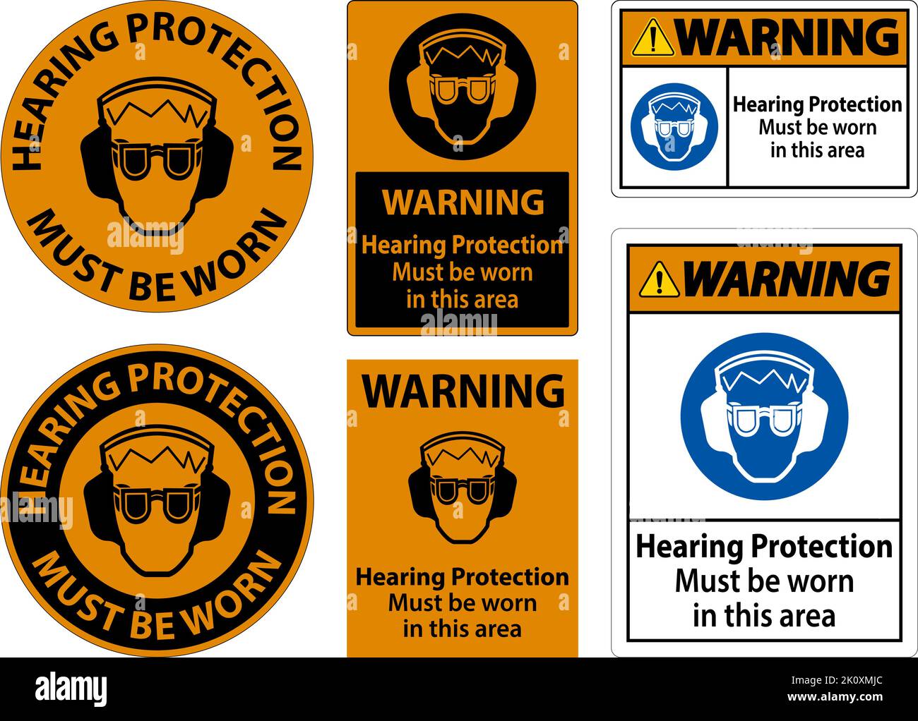 Warning Hearing Protection Must Be Worn Sign On White Background Stock