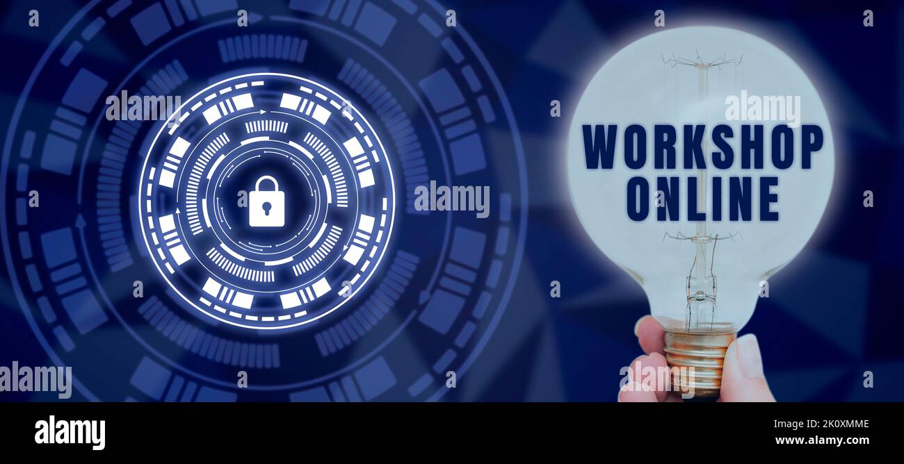 Text sign showing Workshop Onlineroom or building in which goods are ...