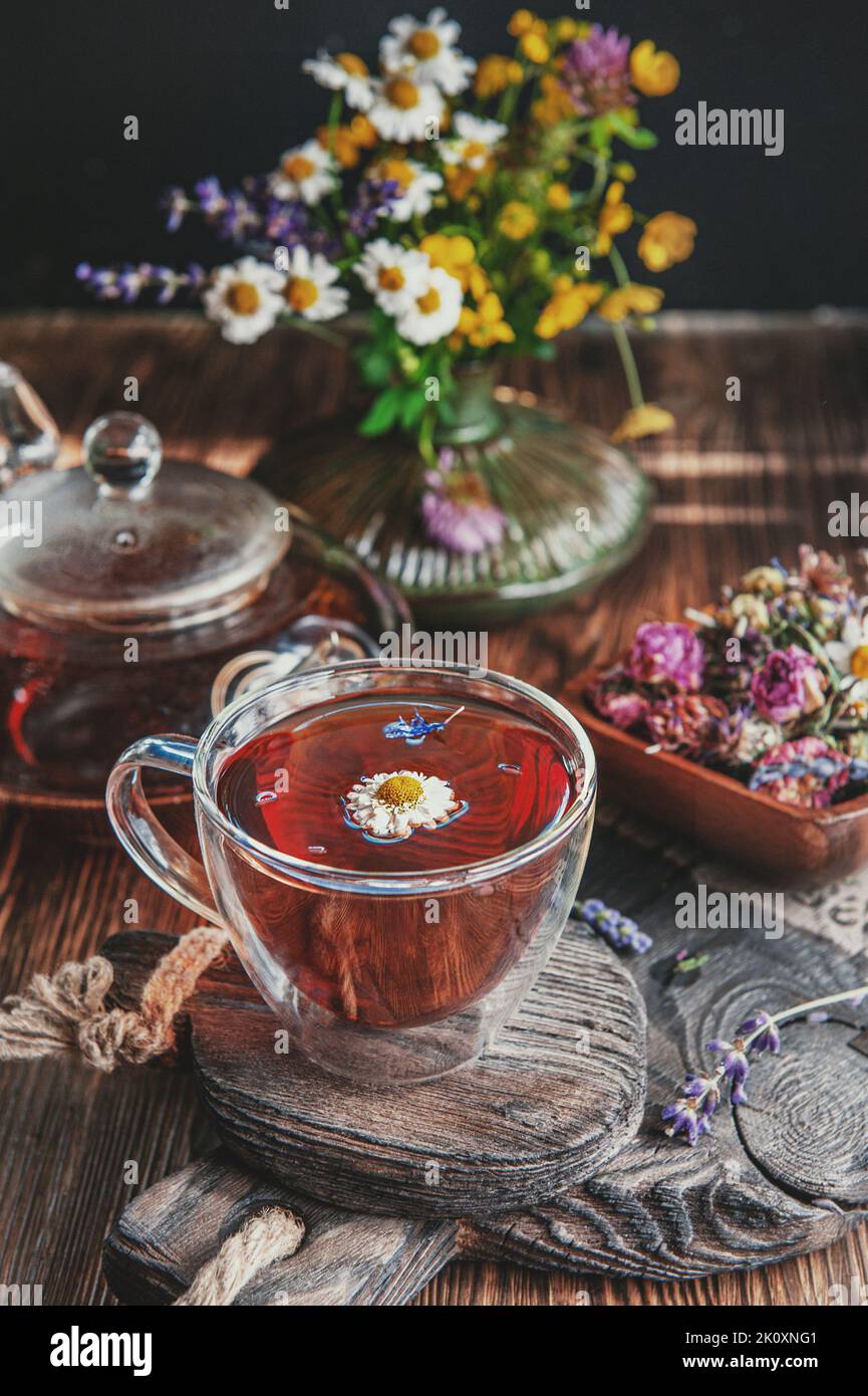 herbal tea in a transparent glass cup with a double bottom. Morning ...