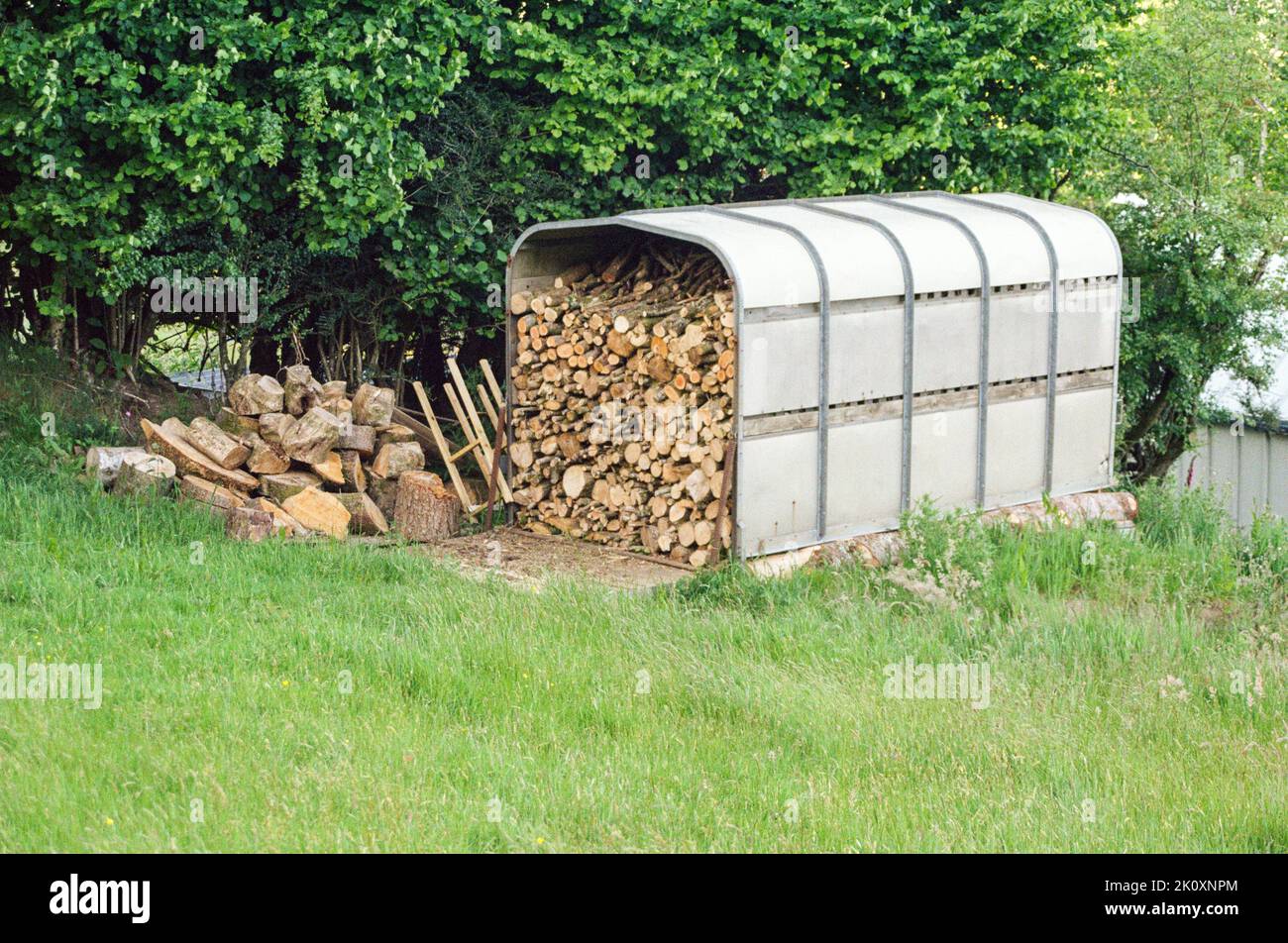 Log store made from a old livestock trailer, High Bickington, Devon ...