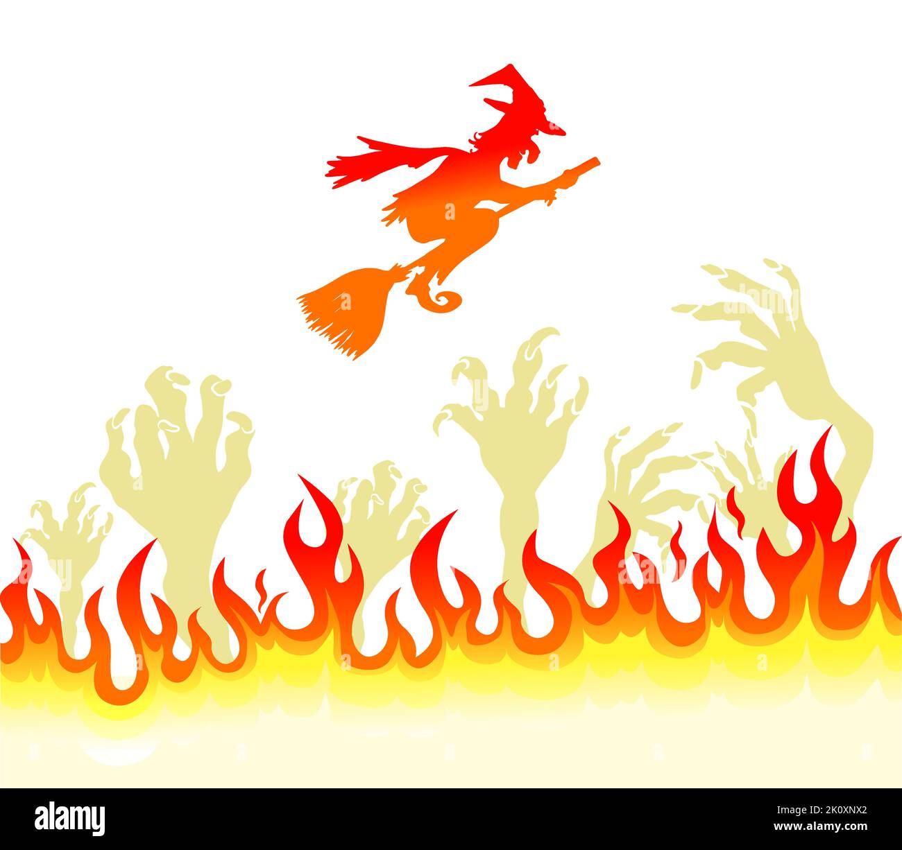 Happy Halloween. Burning flames and monster hands. flying witch on a ...
