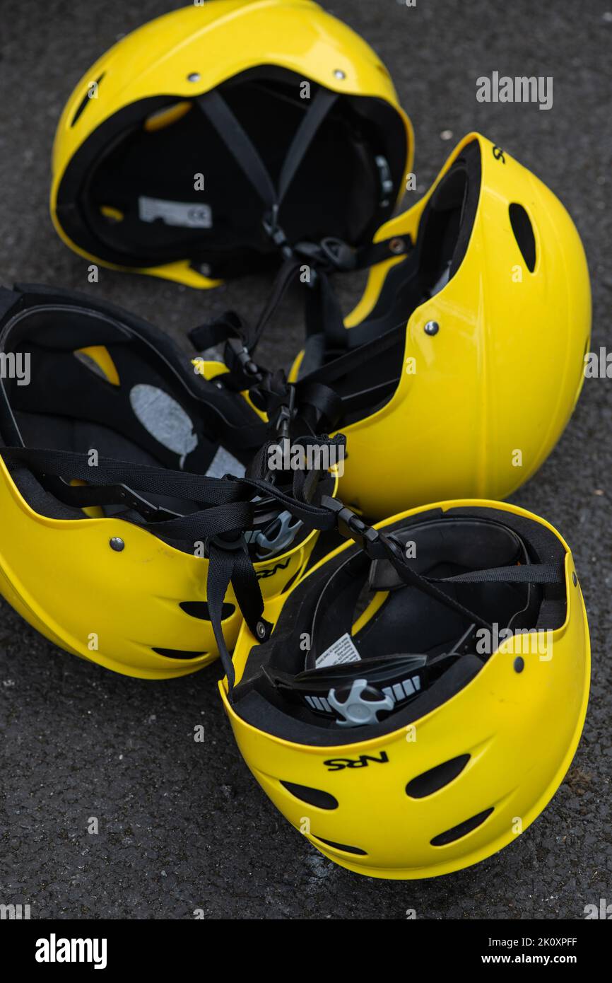 Kayaks, colorful kayaks on display for sale at small trade fair ...