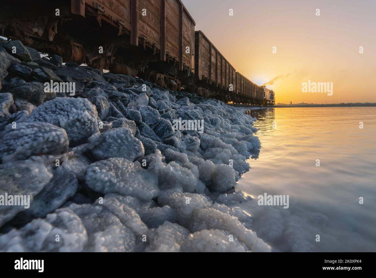 Salt mining train that transports salt extracted in Lake Baskunchak ...