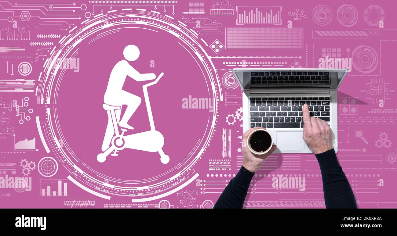 Top view of hands using laptop with symbol of workout concept Stock ...