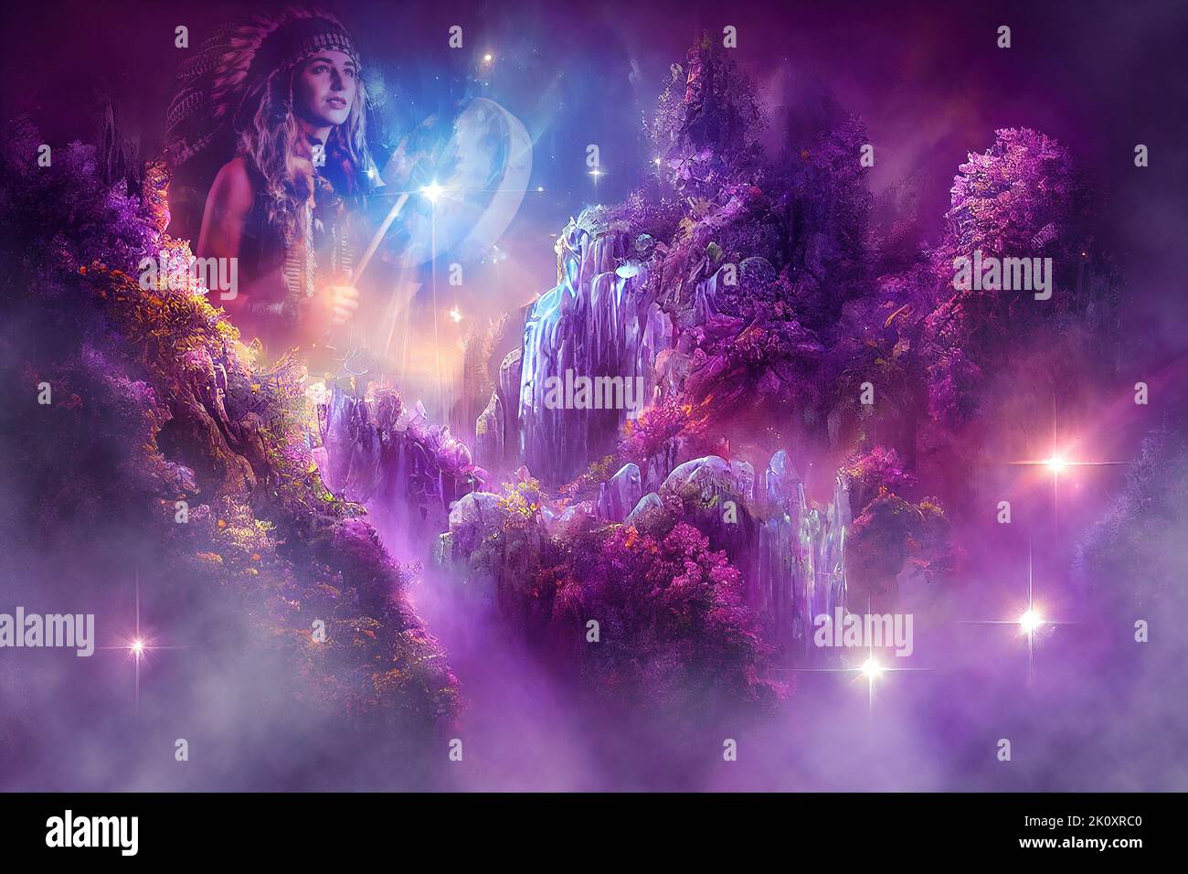 Beautiful mystical landscape and shaman woman with a crystal waterfall ...