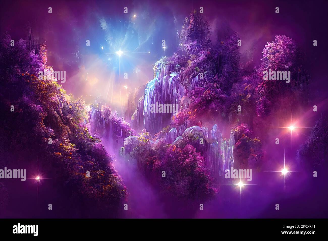 Beautiful mystical landscape with a crystal waterfall and a beautiful ...