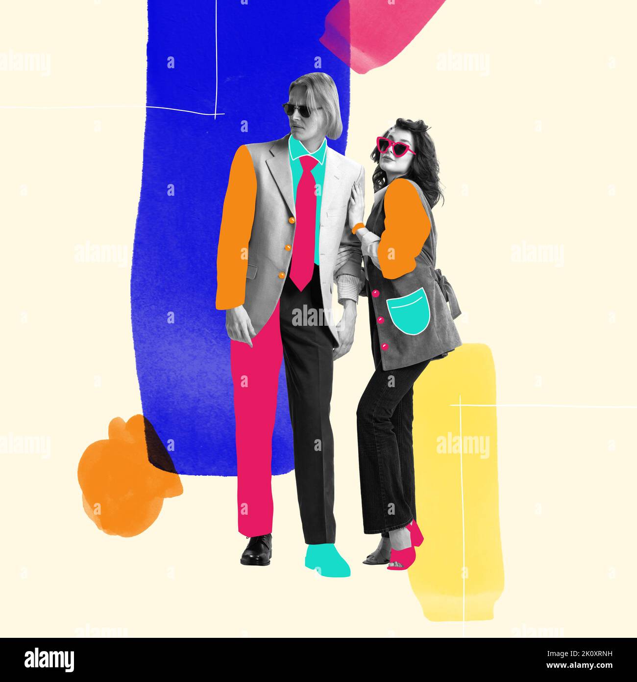 Contemporary art collage. Stylish young people, man and woman, posing ...