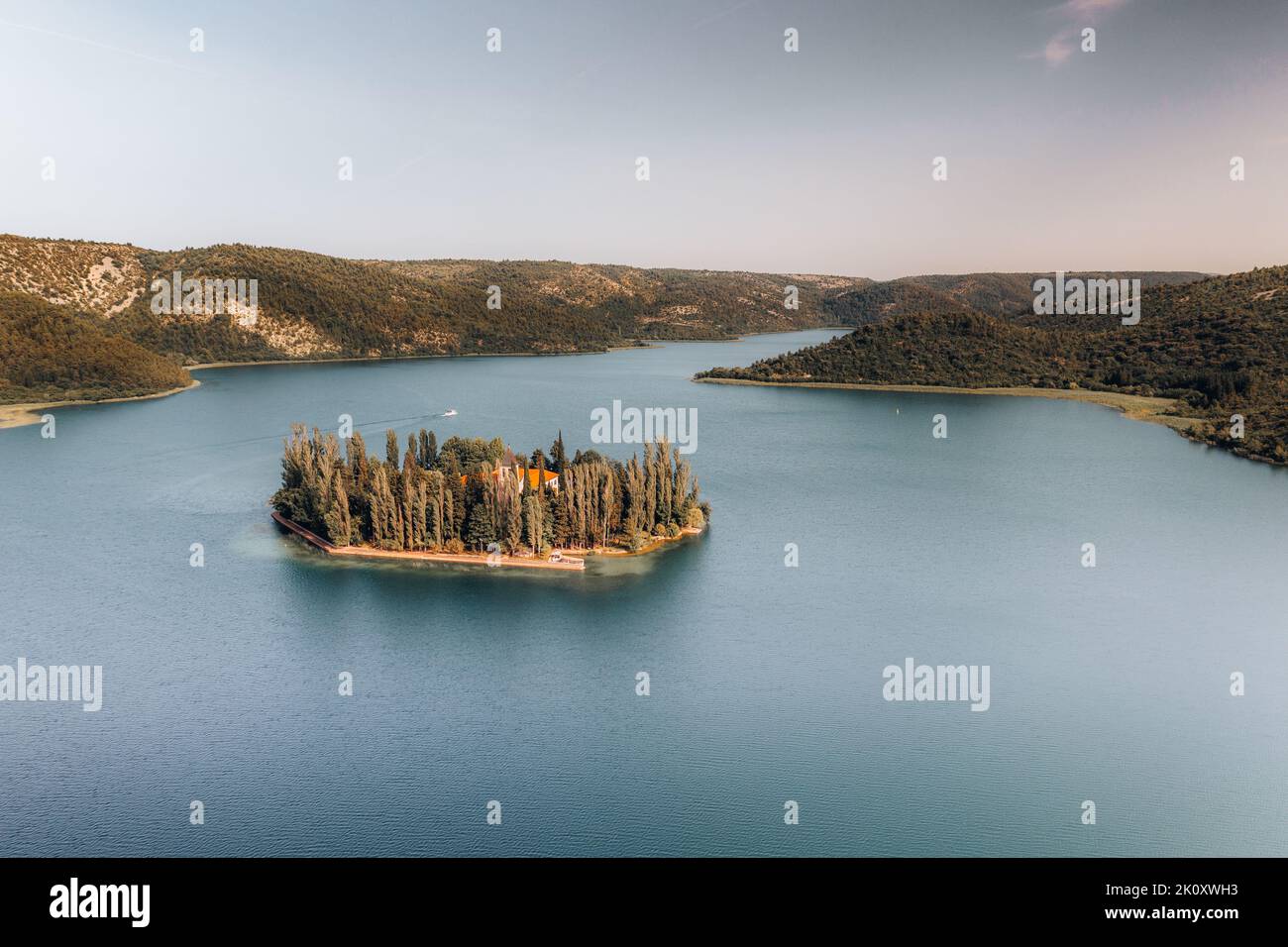 Aerial view of Visovac Monastery, located in Krka National Park &built ...