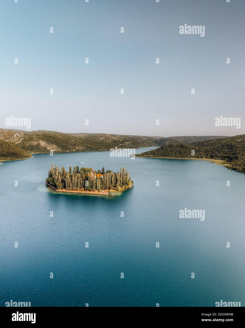 Aerial view of Visovac Monastery, located in Krka National Park &built ...