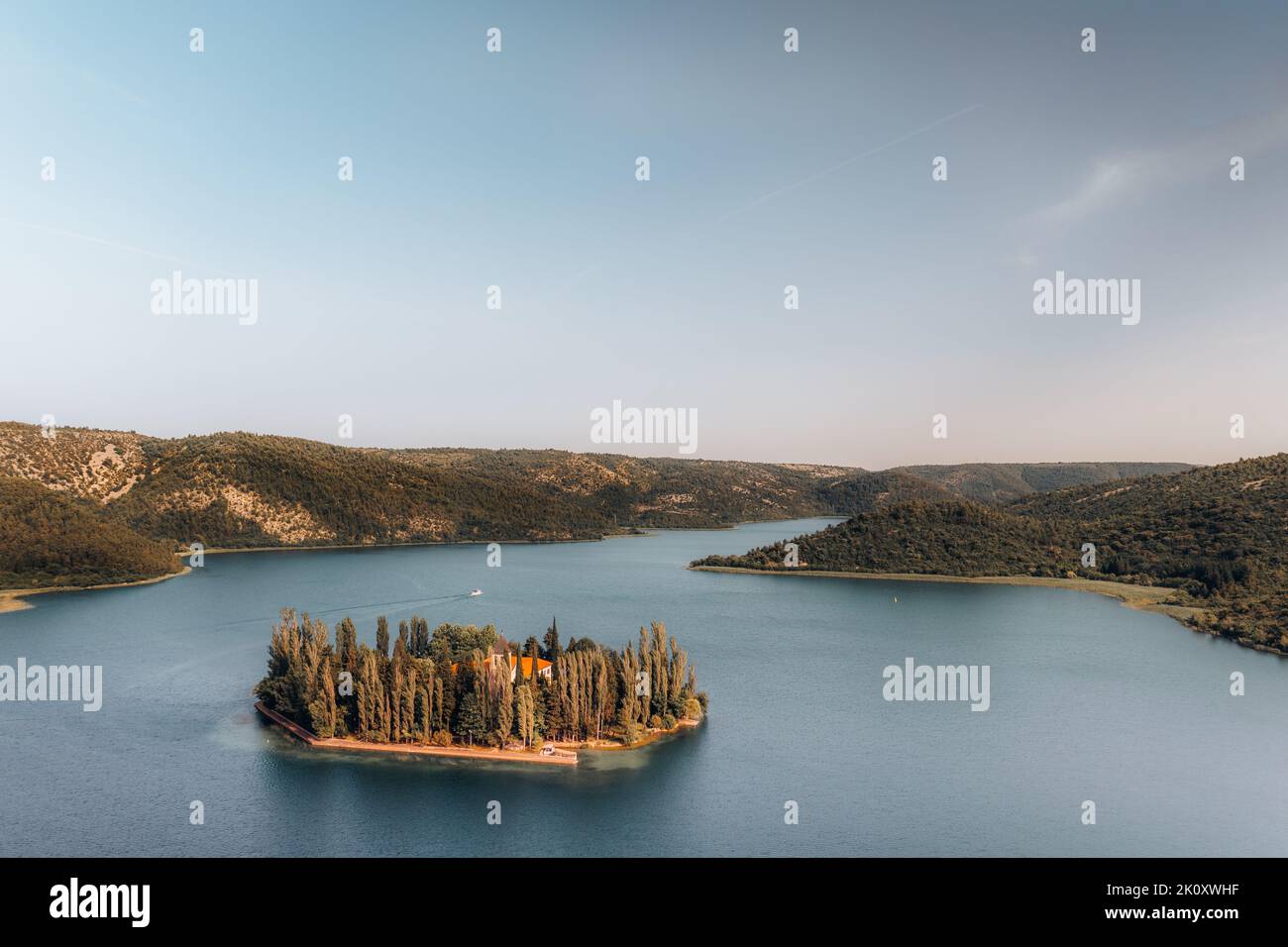 Aerial view of Visovac Monastery, located in Krka National Park &built ...