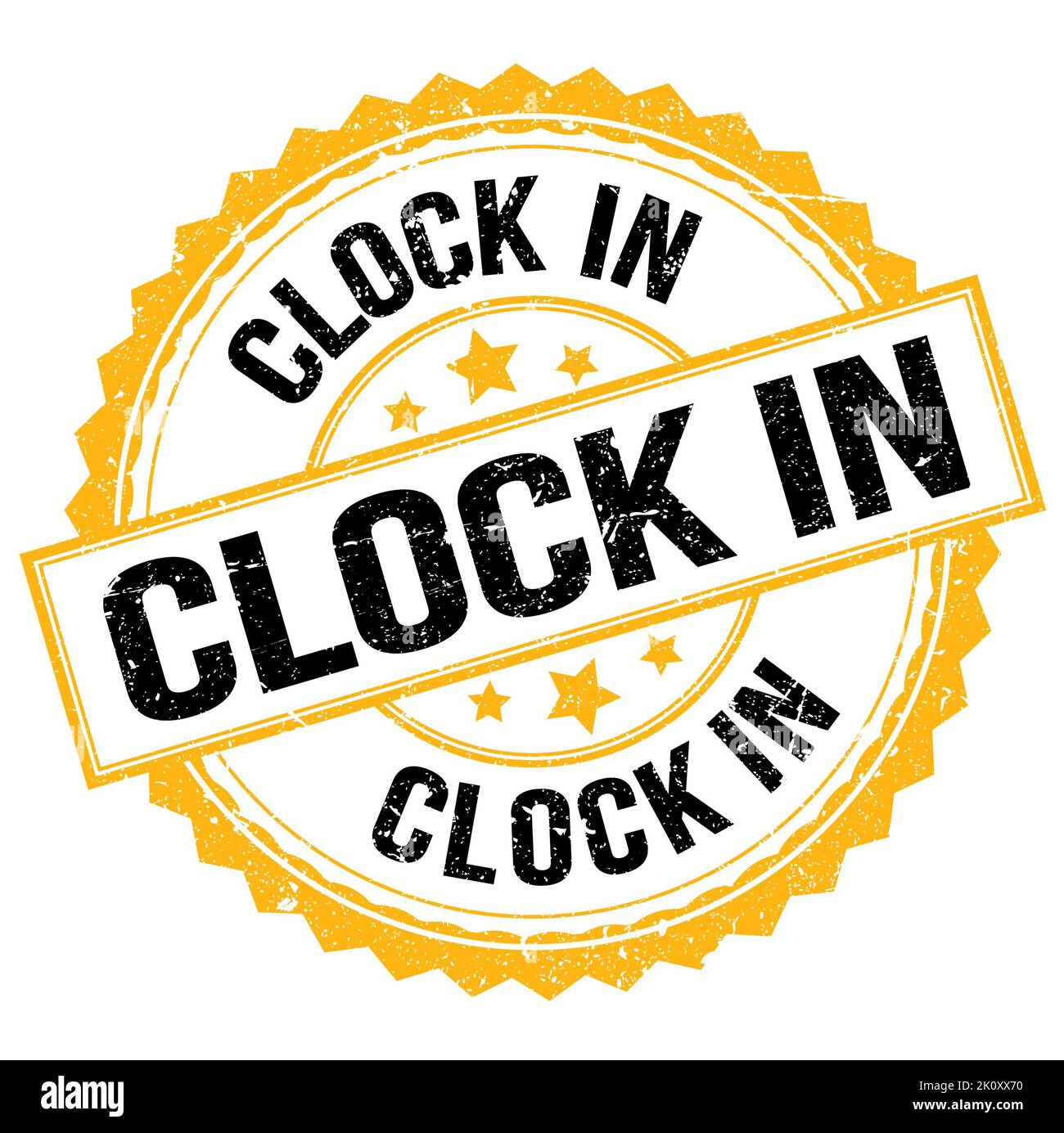 CLOCK IN text written on yellow-black round stamp sign Stock Photo - Alamy