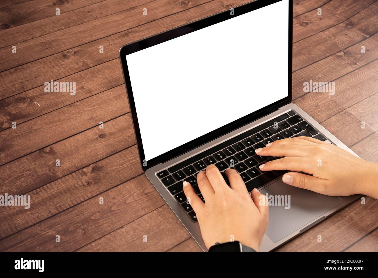 Modern laptop mock up, woman hands typing on modern laptop mock up ...