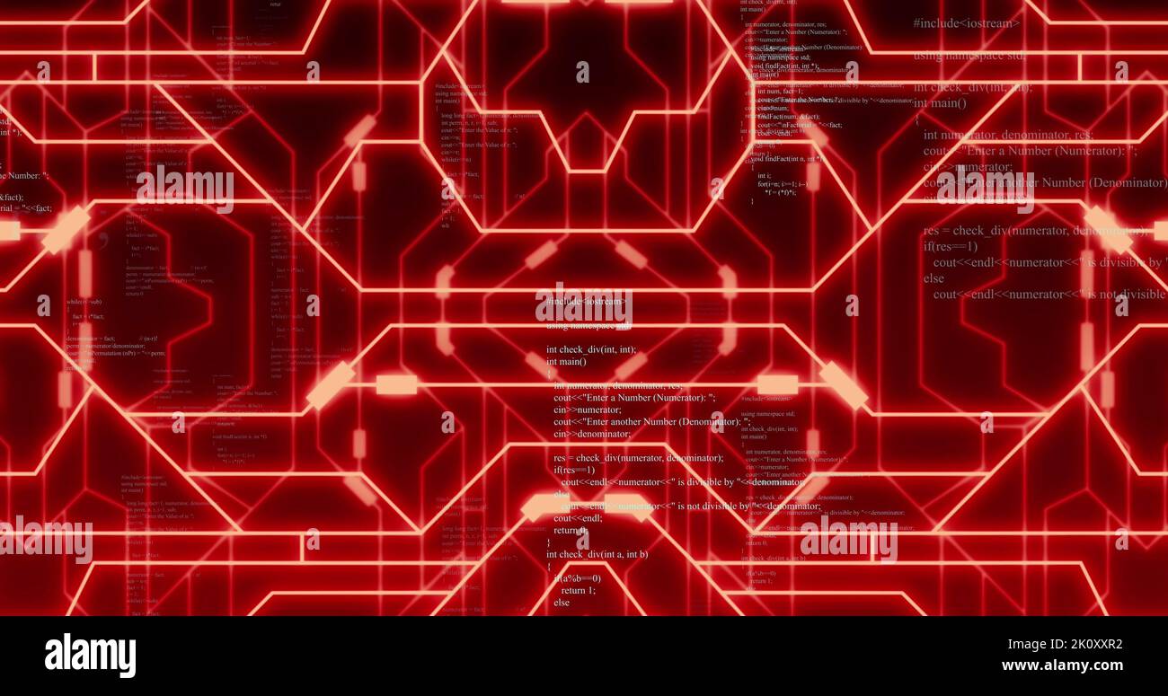 Image of moving data processing over integrated circuit in red and ...