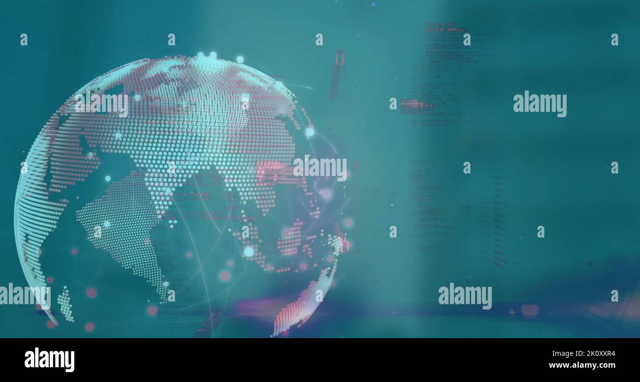 Image of data processing and globe over blue background Stock Photo - Alamy