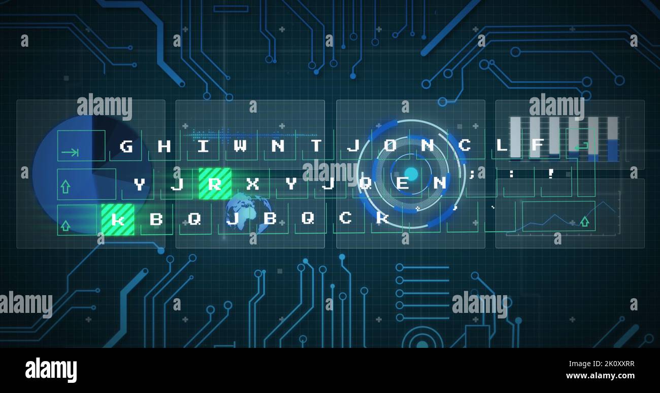 Image of scope scanning and data processing over network of connections on black background ...