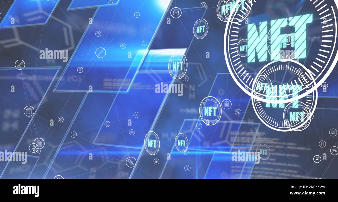 Image of scope scanning with nft text and data processing over squares on black background Stock ...
