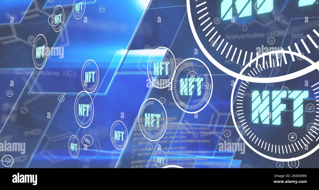 Image of scope scanning with nft text and data processing over squares on black background Stock ...