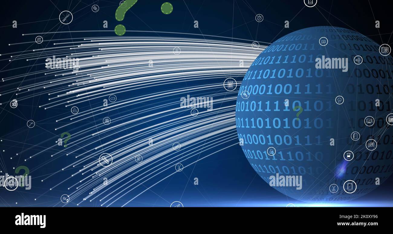 Image of data processing over globe and question marks Stock Photo - Alamy