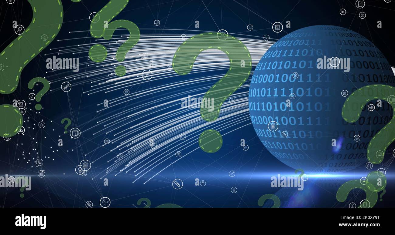 Image of data processing over globe and question marks Stock Photo - Alamy