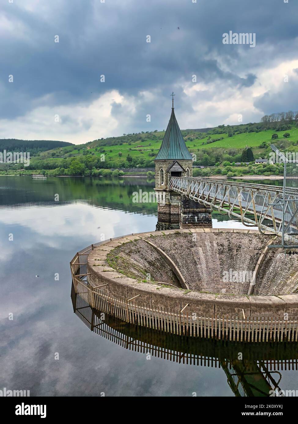A vertical shot of the Bell-mouth spillway and valve tower. Pontsticill ...