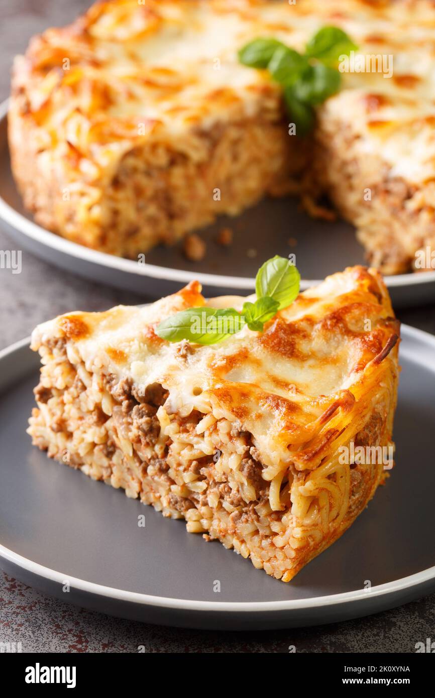 American spaghetti pasta pie with minced meat, tomato sauce and cheese ...