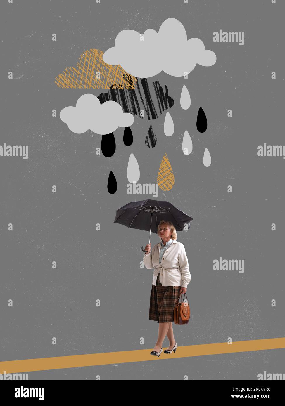 Autumn depression. Middle age sad woman walking with umbrella under ...
