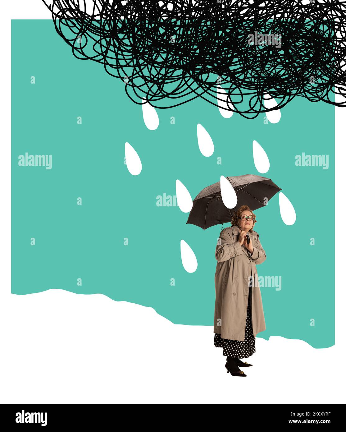 Autumn depression. Middle age sad scared woman standing with umbrella ...