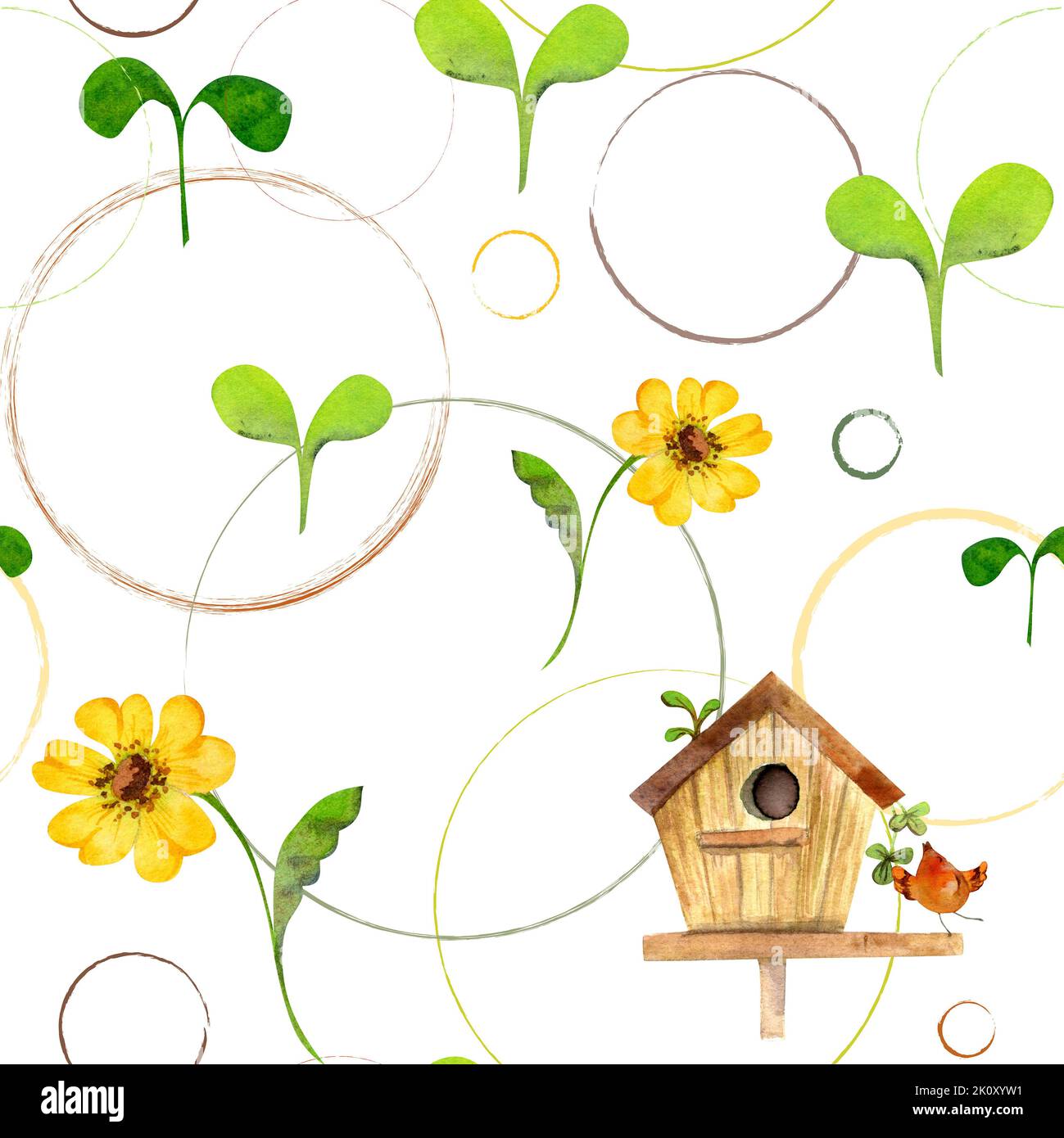 Watercolor hand drawn seamless pattern with birdhouses, birds, flowers ...