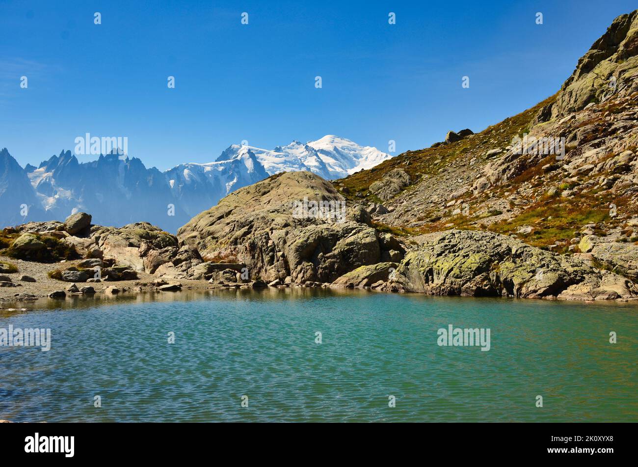Lac Blanc with a view of Mont Blanc above Chamonix. Wonderful view over ...