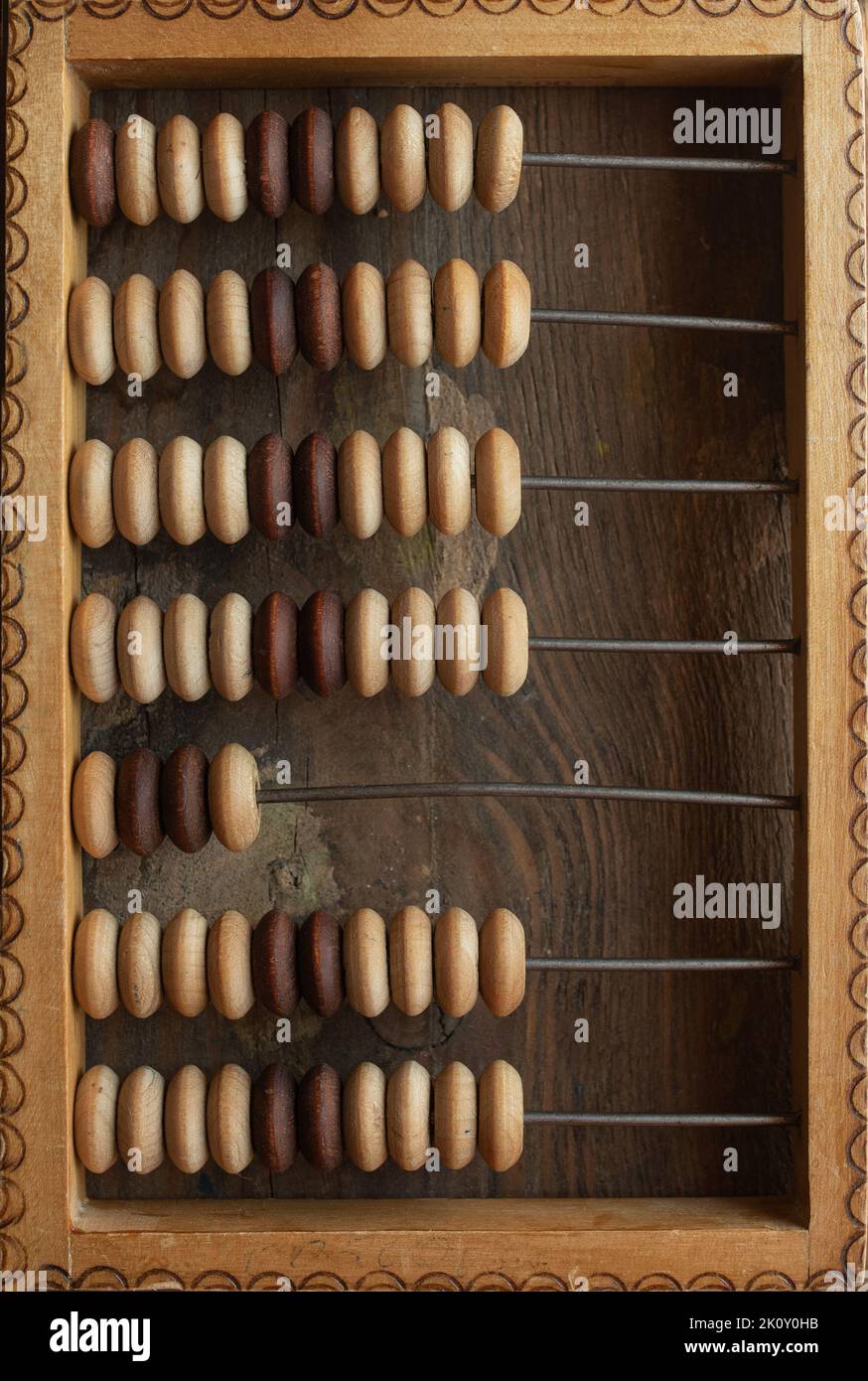 Old arithmetic abacus on the desk top view background with copy space ...