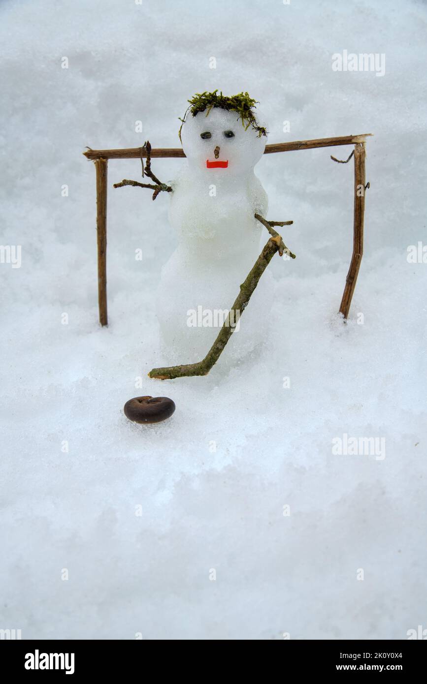 Little snowman as the goalie of the hockey team. Winter sports and ...