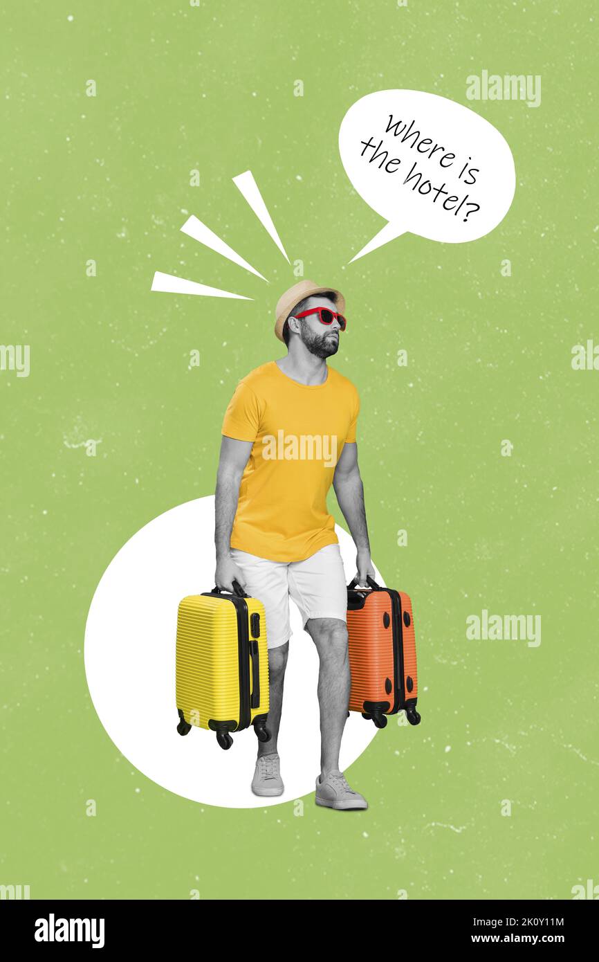 Creative photo artwork graphics collage of tired exhausted tourist man ...