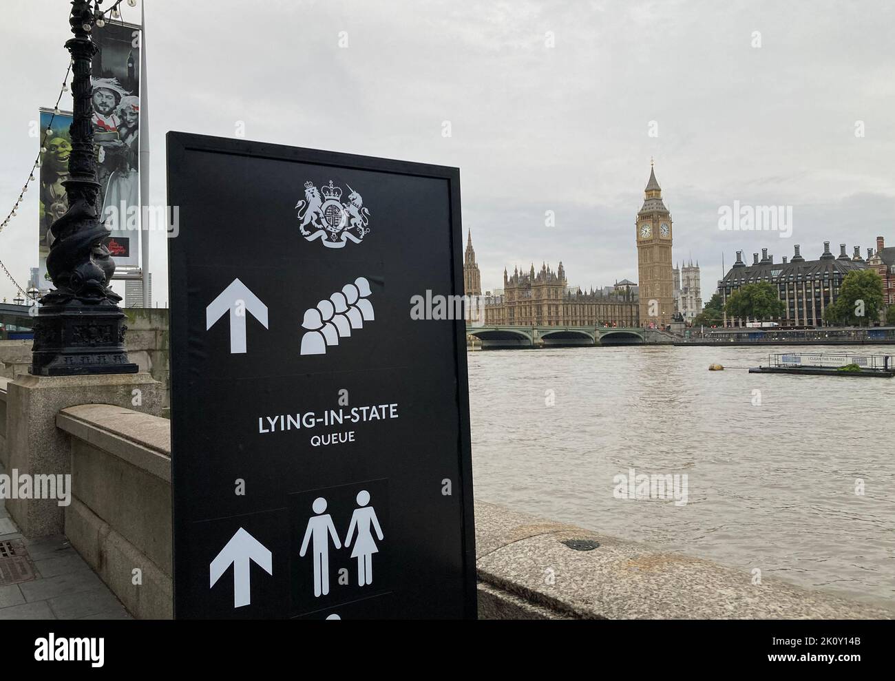 Signage on the South Bank, London, for members of the public to wait in ...