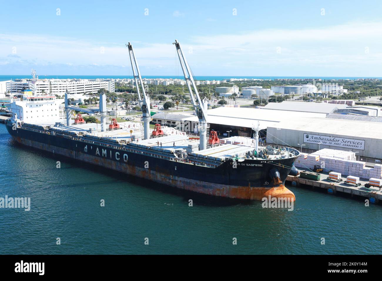 Large red Bulk ship / A coal ship docking outside big power station ...