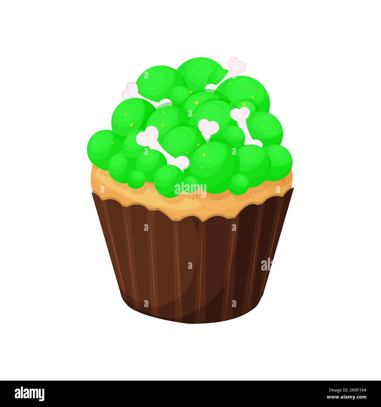Cupcake Halloween dessert with green bubbles and skeleton bones in cartoon style isolated on ...