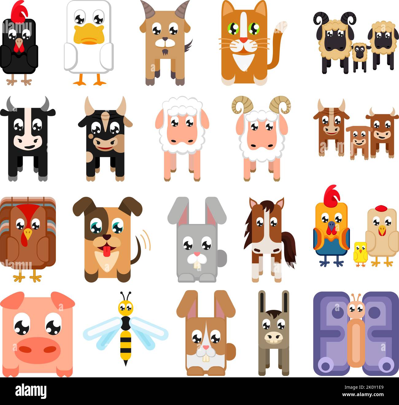 19 farm elements set isolated on white background. Domestic cartoon ...