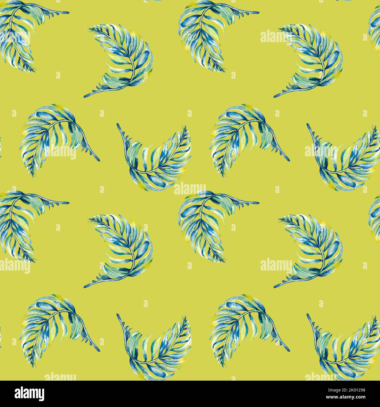 Exotic blue palm leaves seamless pattern watercolor illustration ...