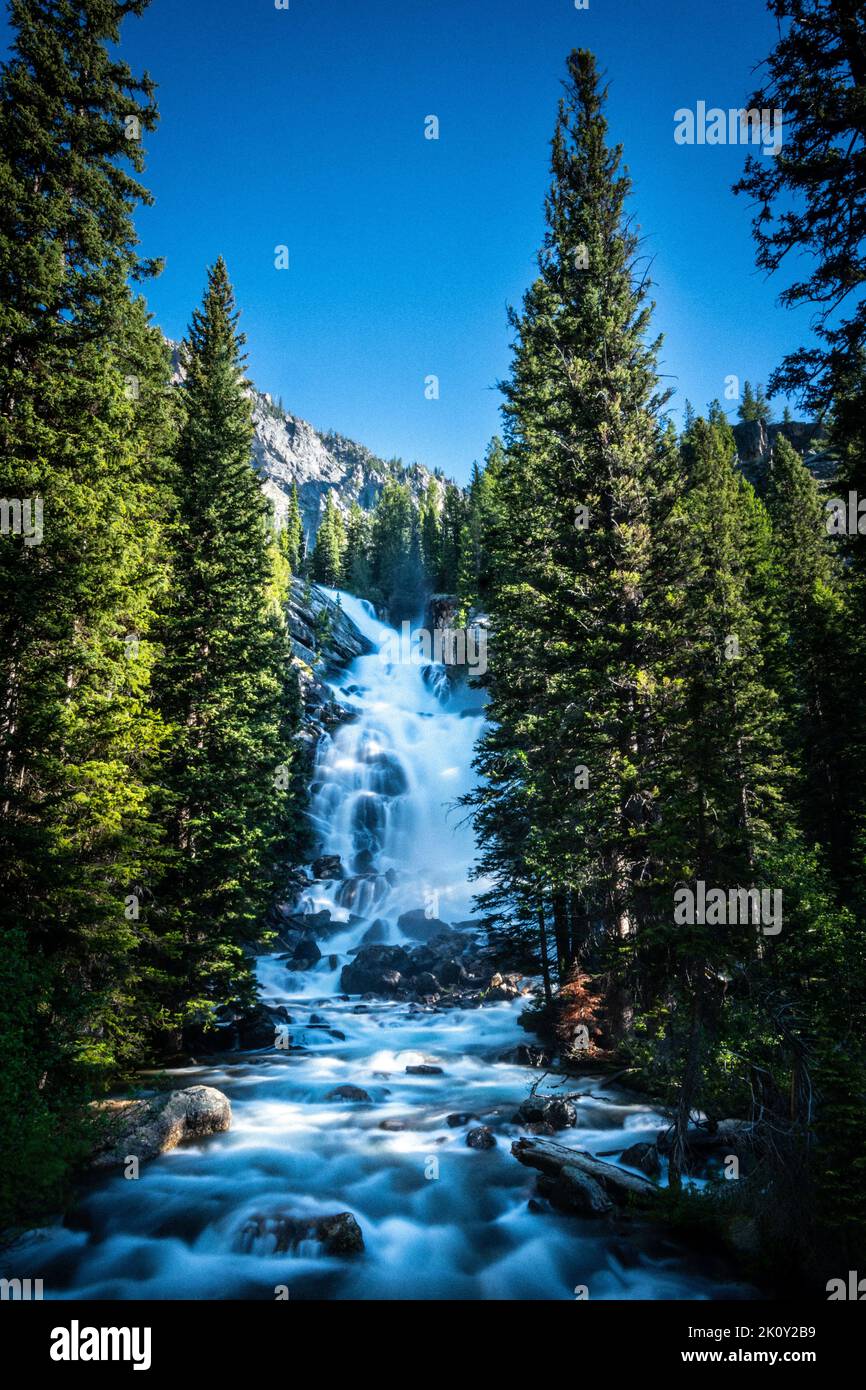 A vertical shot of a streaming waterfall in the forest Stock Photo - Alamy