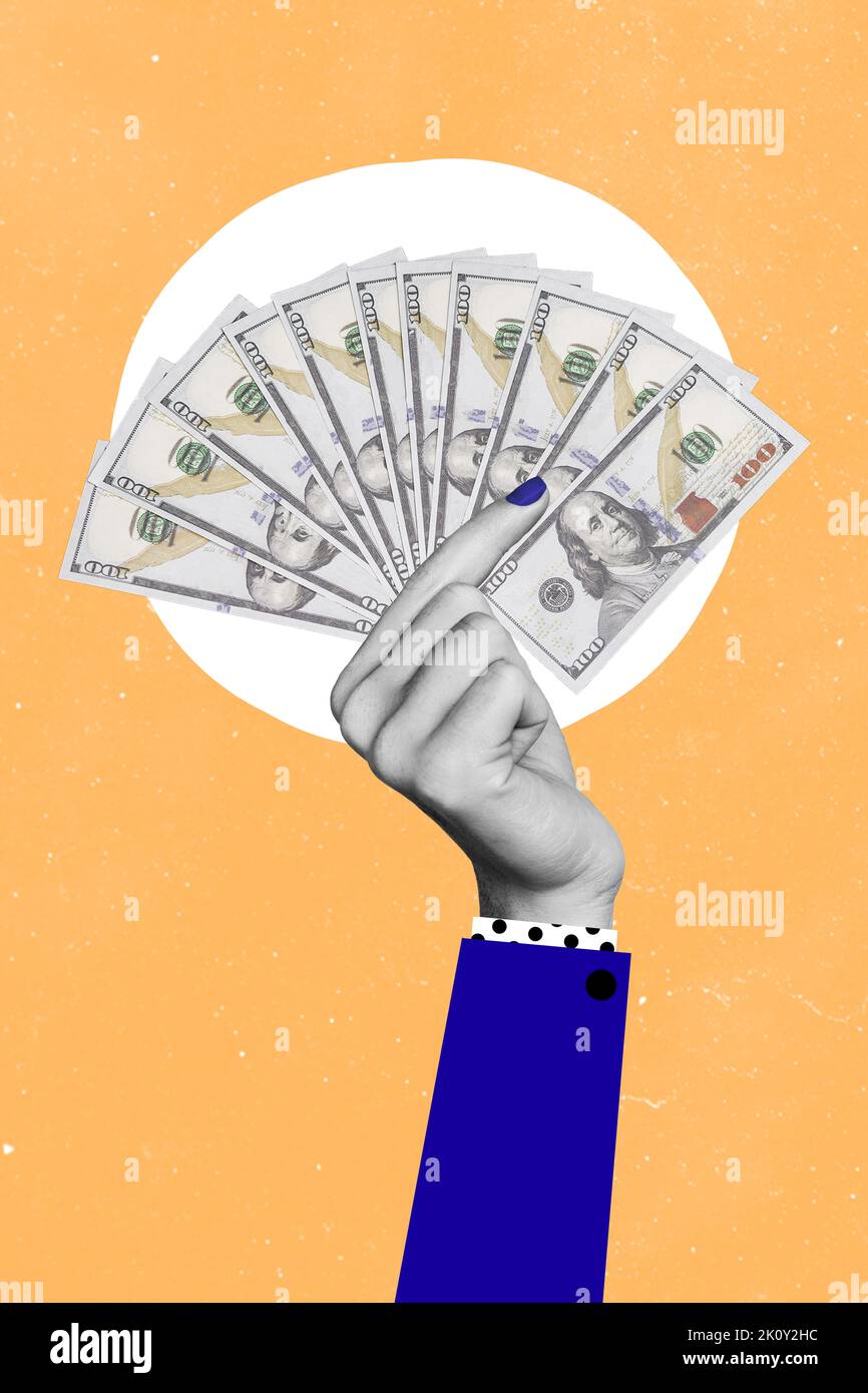 Creative 3d collage artwork postcard poster of person arm rising cash ...