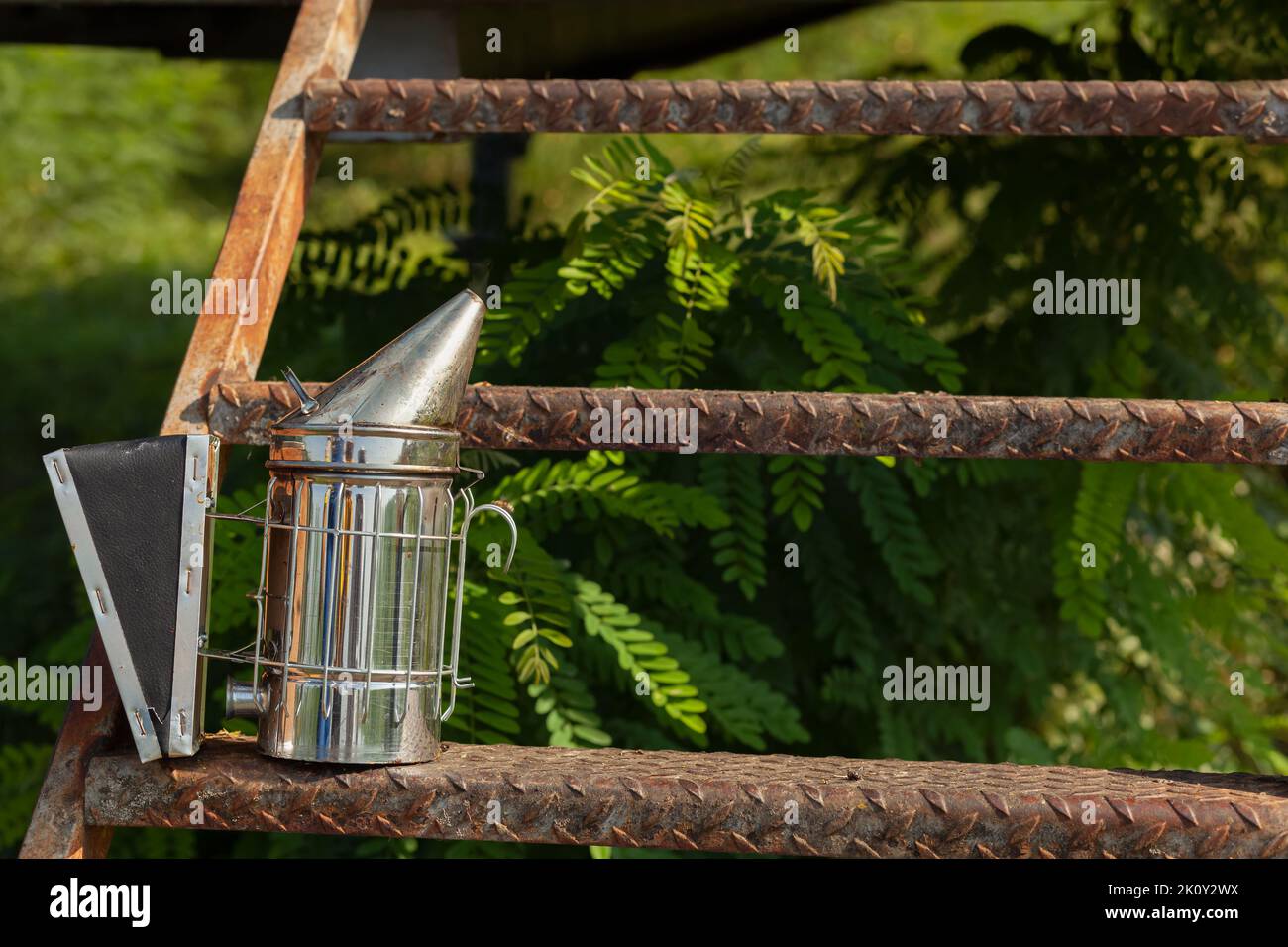 Silver bee smoker tool on rusty steps in front of hive Stock Photo - Alamy