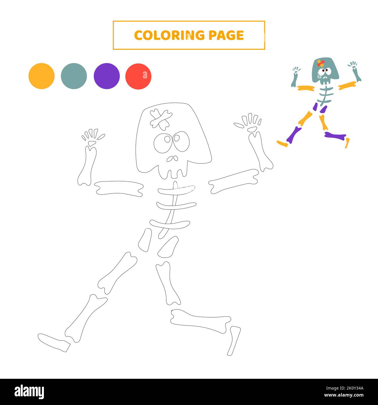 Coloring page.Color cute cartoon skeleton. Worksheet for kids Stock ...