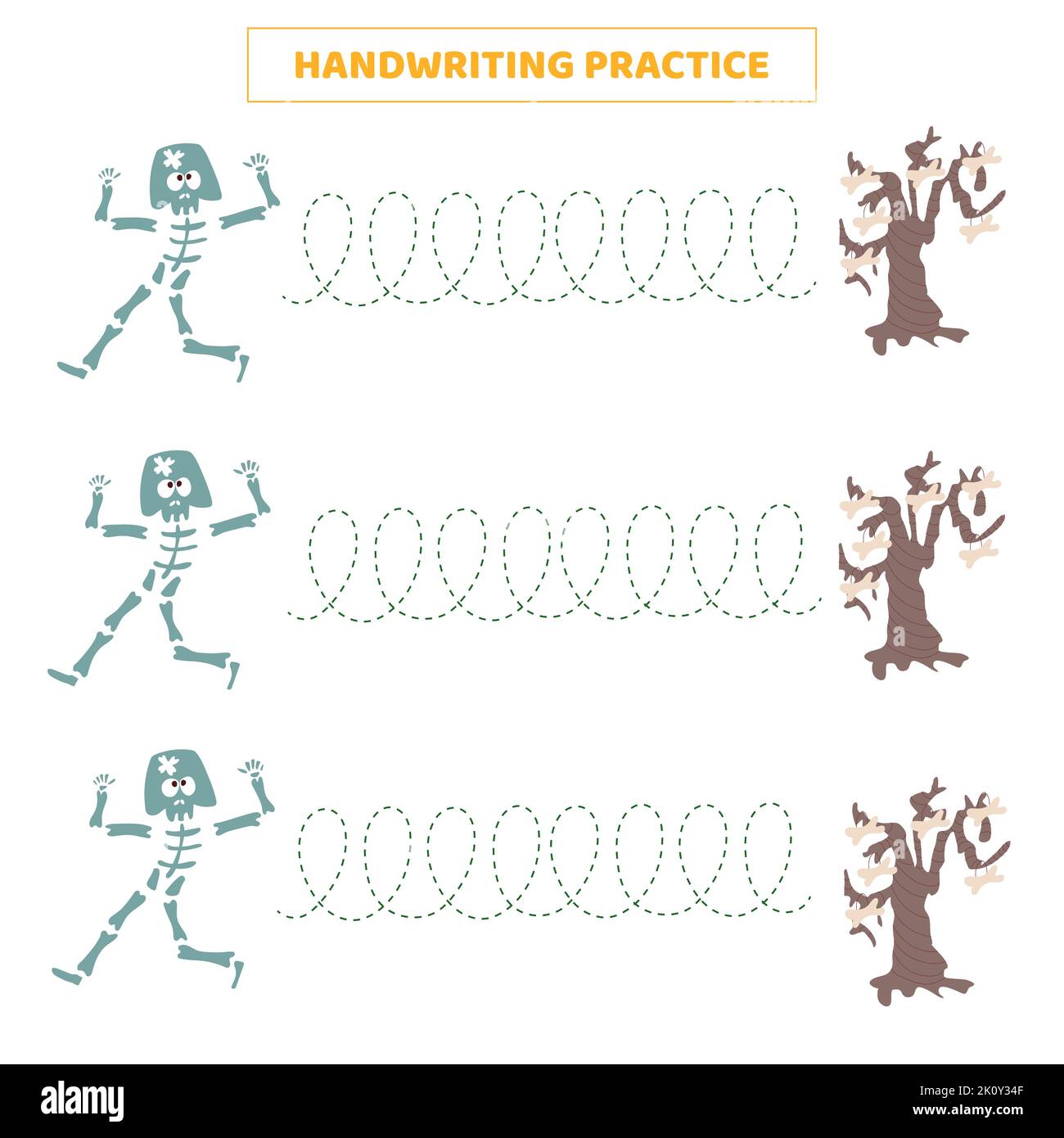Handwriting practice for kids with cartoon skeleton and tree ...