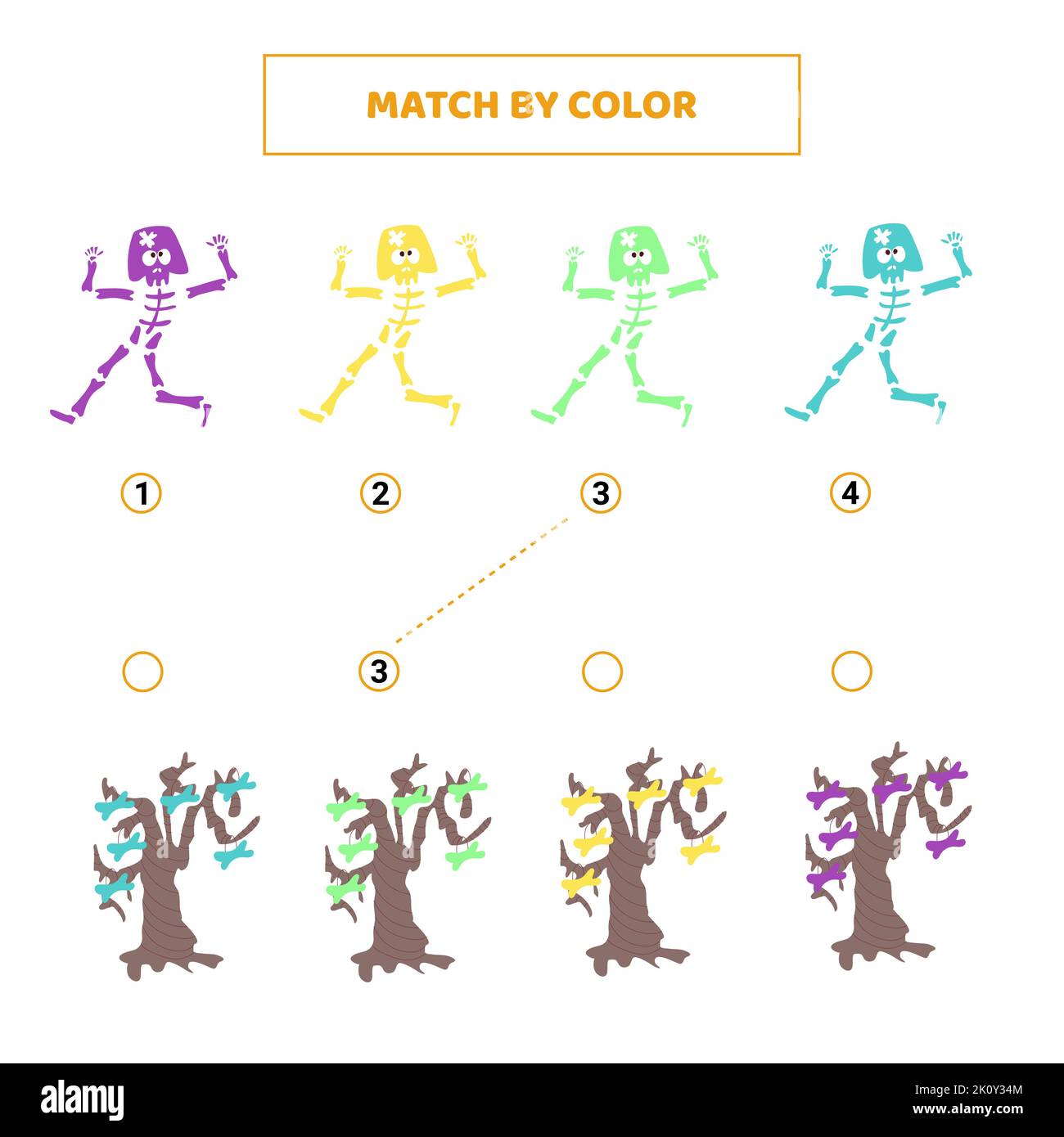 Match cute cartoon skeleton and bone by color. Game for kids Stock ...
