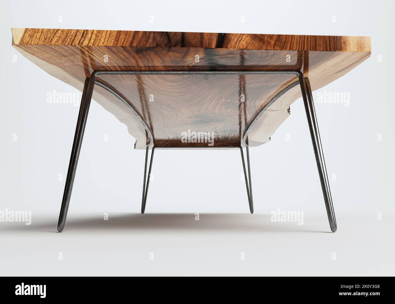 A conference room table with metal legs and a natural wooden slab ...