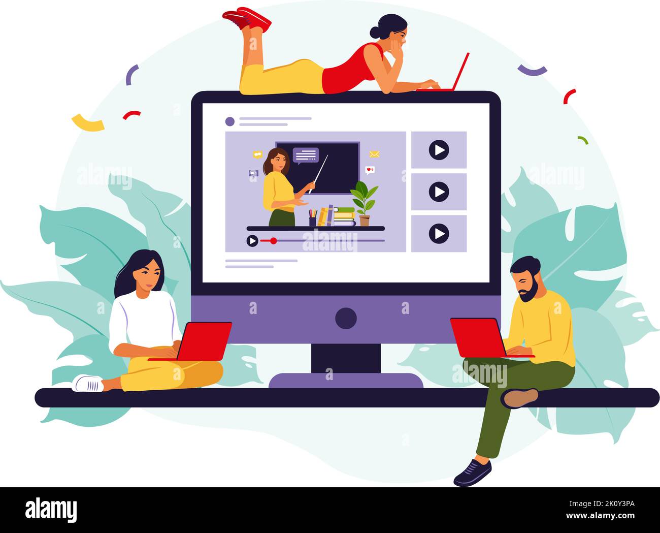 Group of students watching online webinar. Online education concept ...