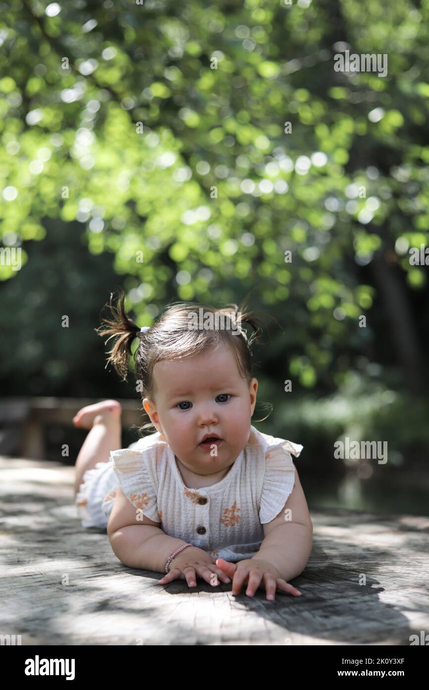 A shallow focus shot of a cute baby girl lying on the trunk with trees ...